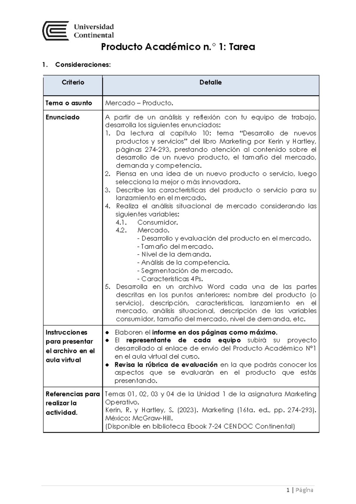 Producto Academico Nª1 - Producto Académico n.° 1: Tarea 1. Consideraciones: Criterio Detalle ...
