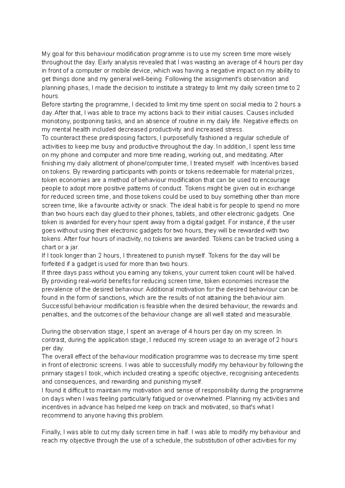 Apply and Report - My goal for this behaviour modification programme is ...