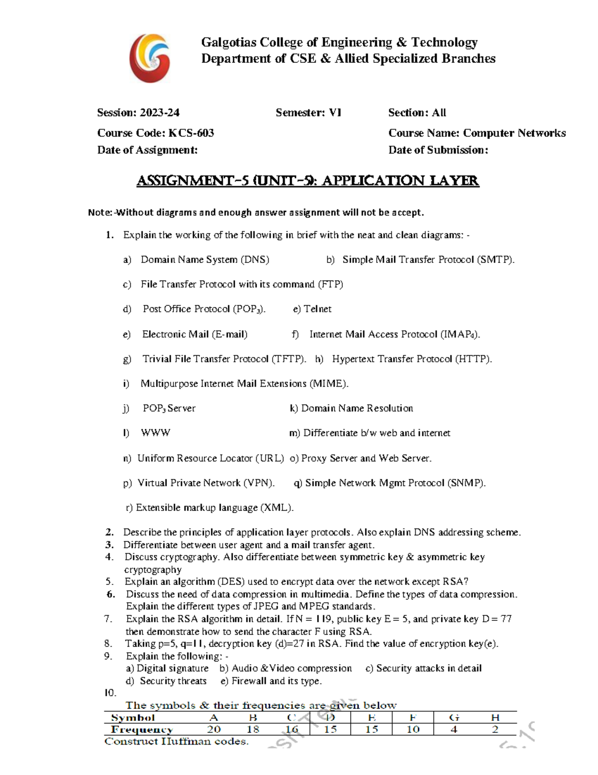 Assignment 5 Application Layer - Galgotias College of Engineering & Technology Department of CSE ...