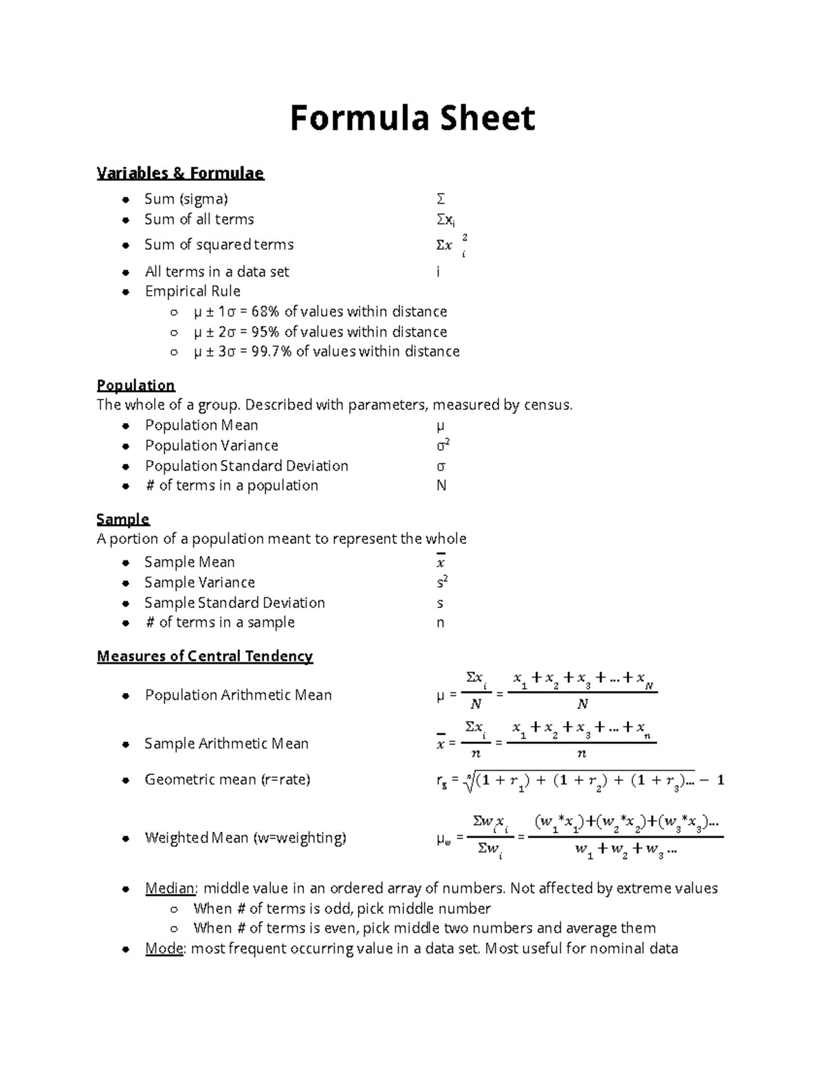 Formulas for omis- Stu Docu - Formula Sheet Variables & Formulae Sum ...