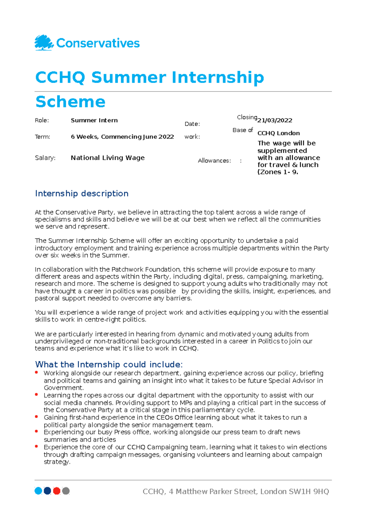 CCHQ Summer Internship Scheme Job Spec - CCHQ Summer Internship Scheme ...