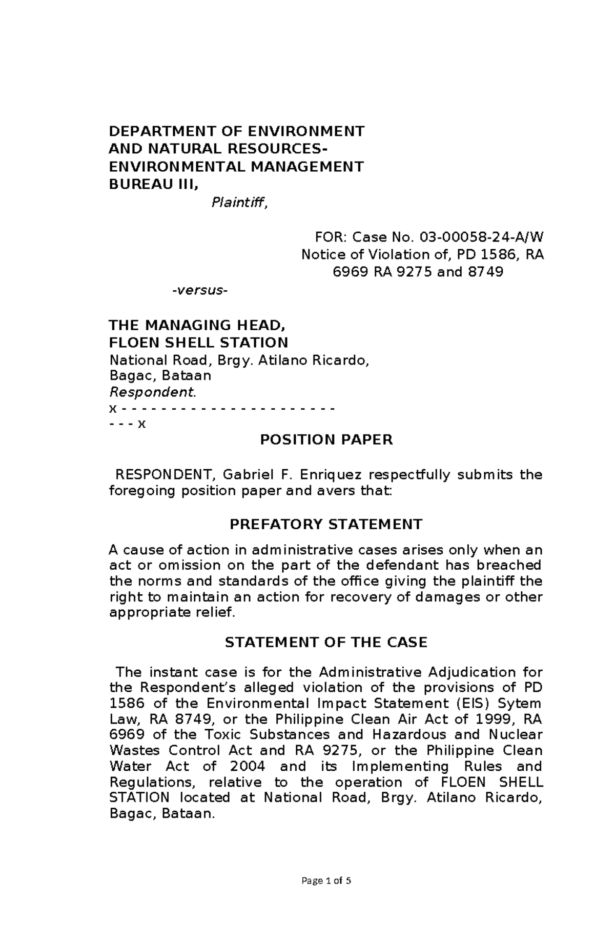 Position Paper - Floen Shell Station Bagac - DEPARTMENT OF ENVIRONMENT ...