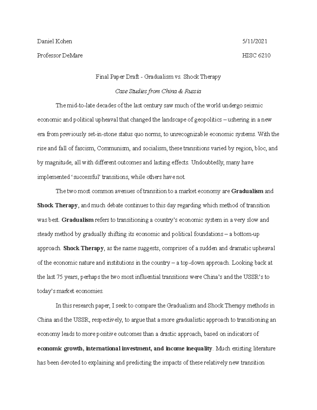 PRC Final Paper - Grade: A - Daniel Kohen 5/11/ Professor DeMare HISC ...