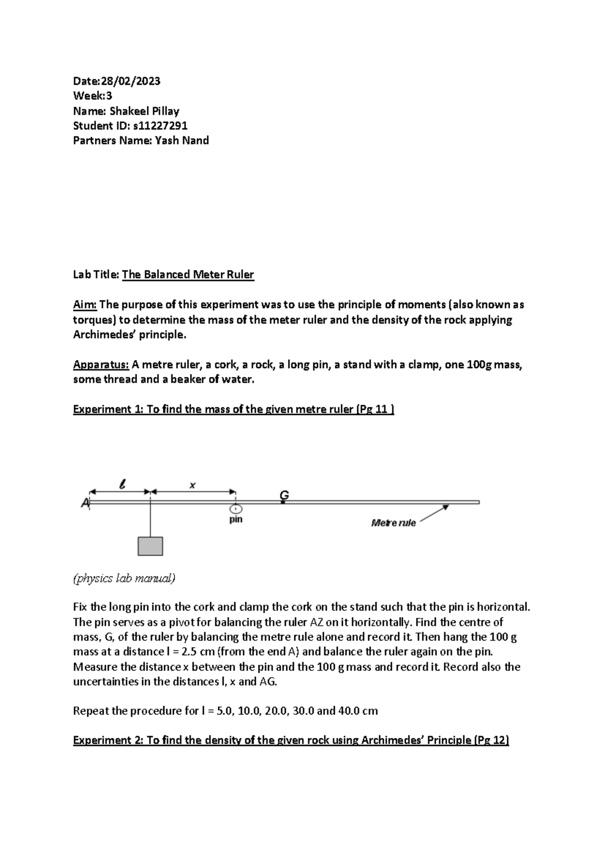 Lab 1 - Summary classical physics - Date:28/02/ Week: 3 Name: Shakeel ...