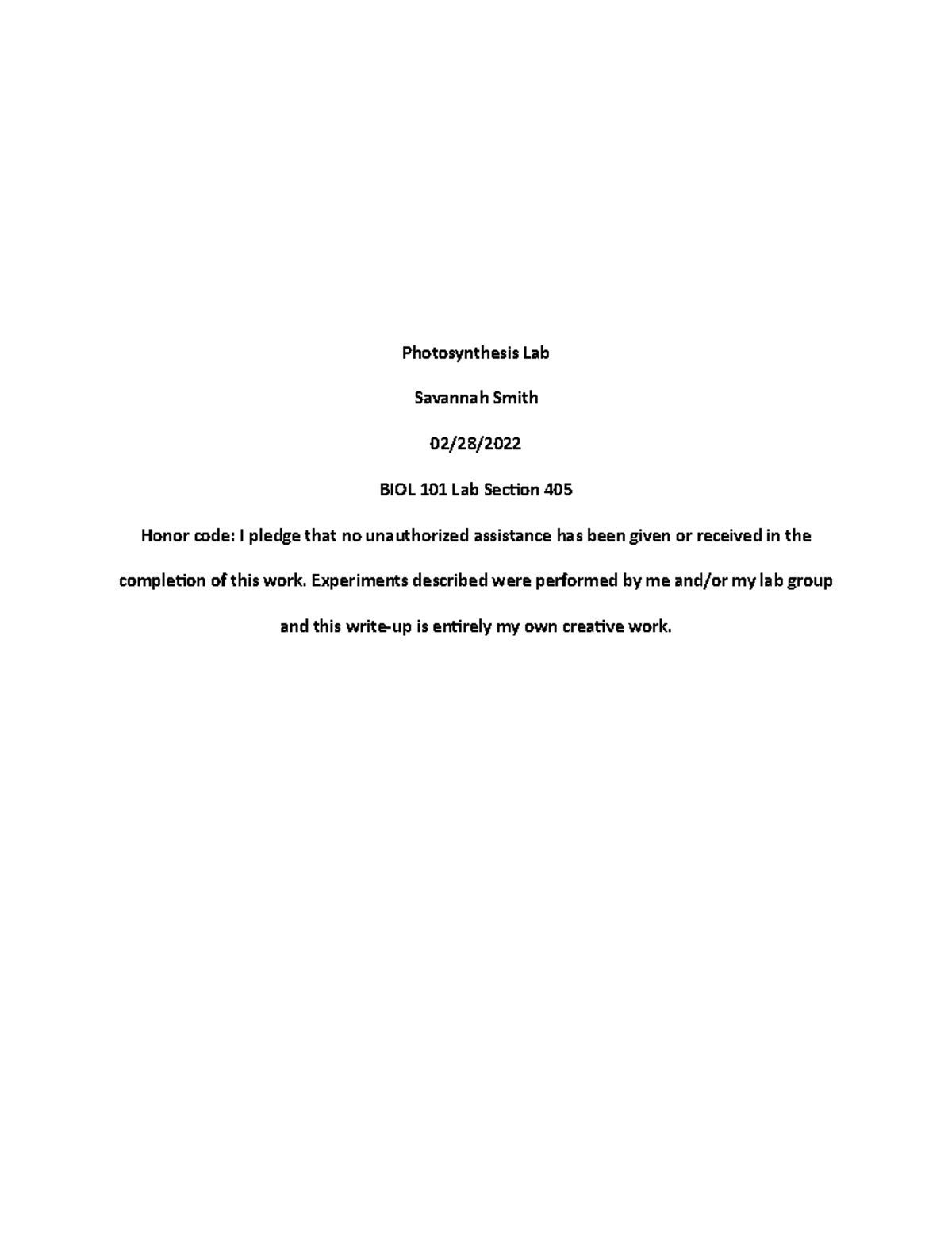 Photosynthesis lab - Bio 101L info for first lab report ...