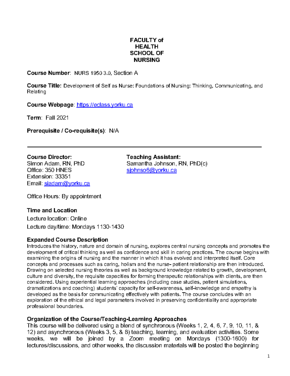 Course Outline - FACULTY of HEALTH SCHOOL OF NURSING Course Number ...