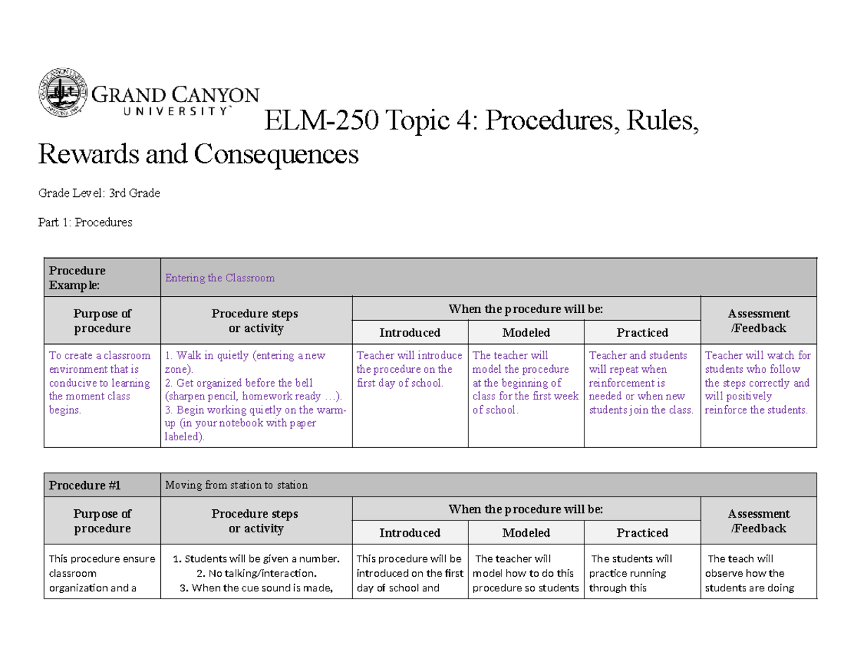 Classroom Procedures, Rules, Consequences, and Rewards - ELM-250 Topic 4: Procedures, Rules ...