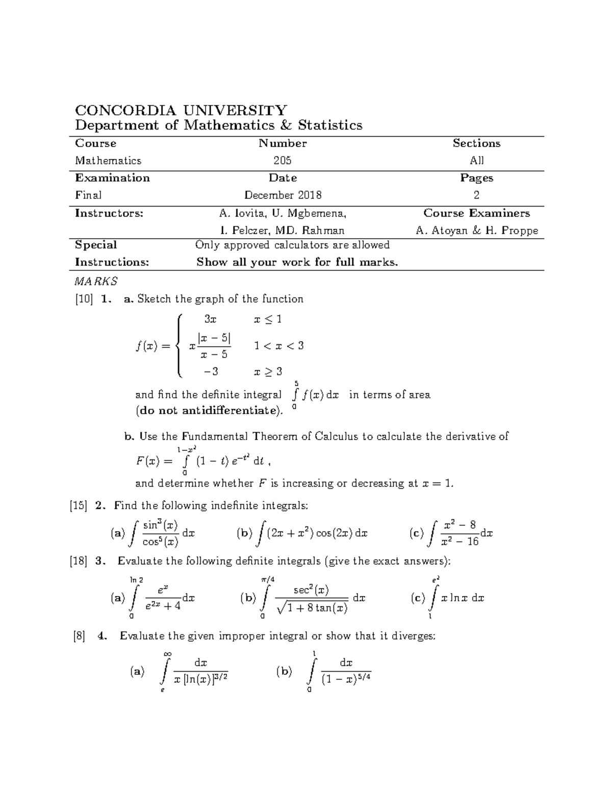 MATH 205 Final Exam - December 2018 - CONCORDIA UNIVERSITY Department of Mathematics Statistics ...