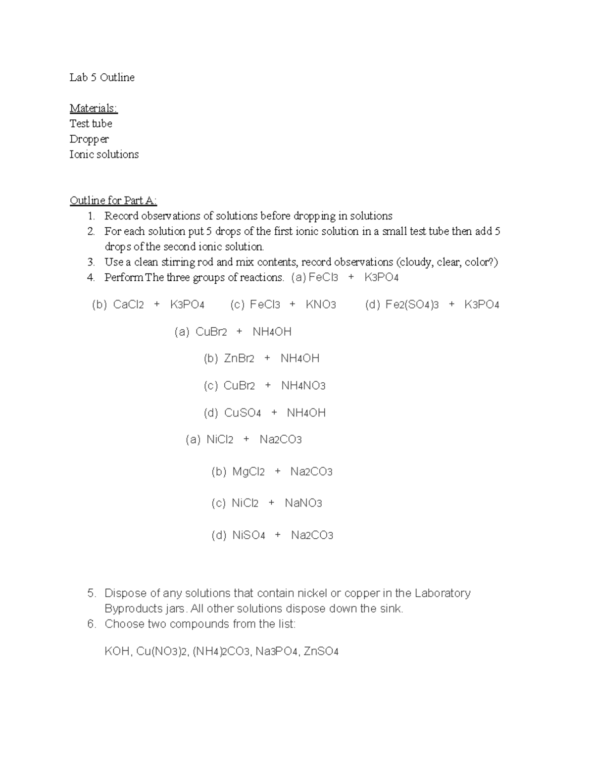 Lab 5 - pre Lab 5 chem 1 - Lab 5 Outline Materials: Test tube Dropper ...