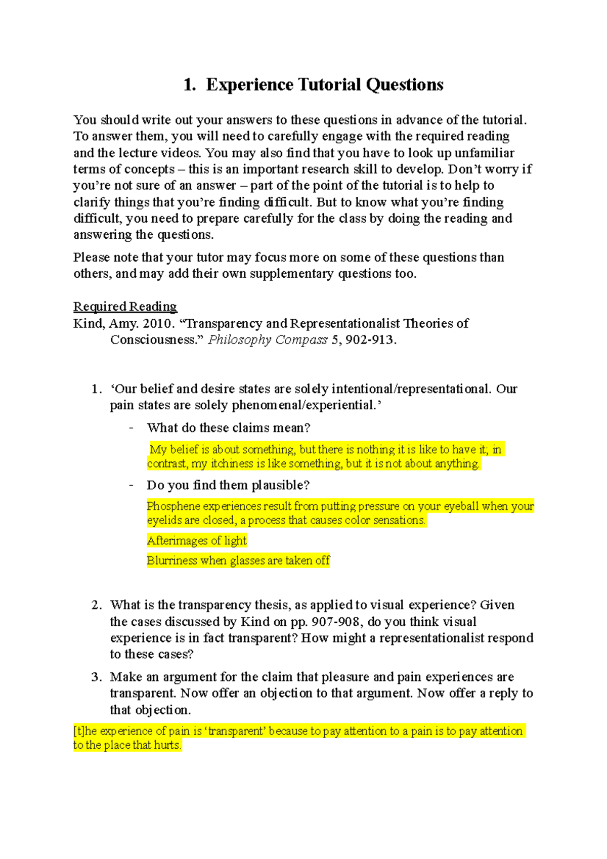 1. Experience - Notes - 1. Experience Tutorial Questions You should ...