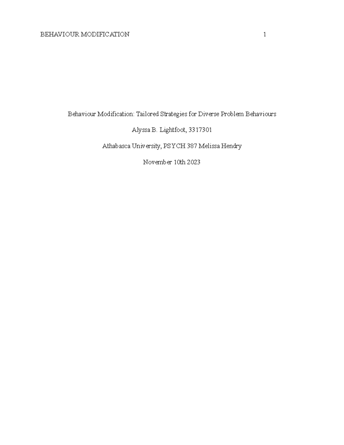 Tutor Marked Assignment Psych 387 Paper - Behaviour Modification ...