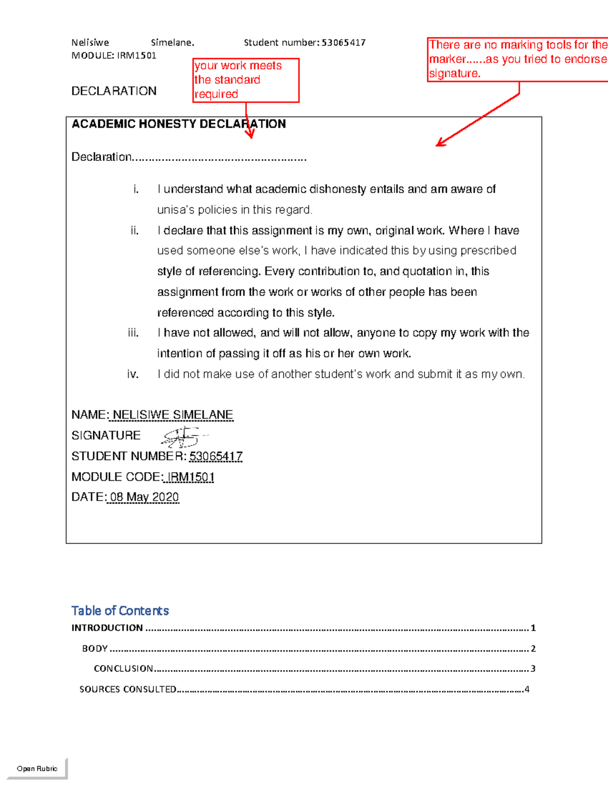 53065417 IRM1501 02 MARK095100 - MODULE: IRM DECLARATION ACADEMIC ...