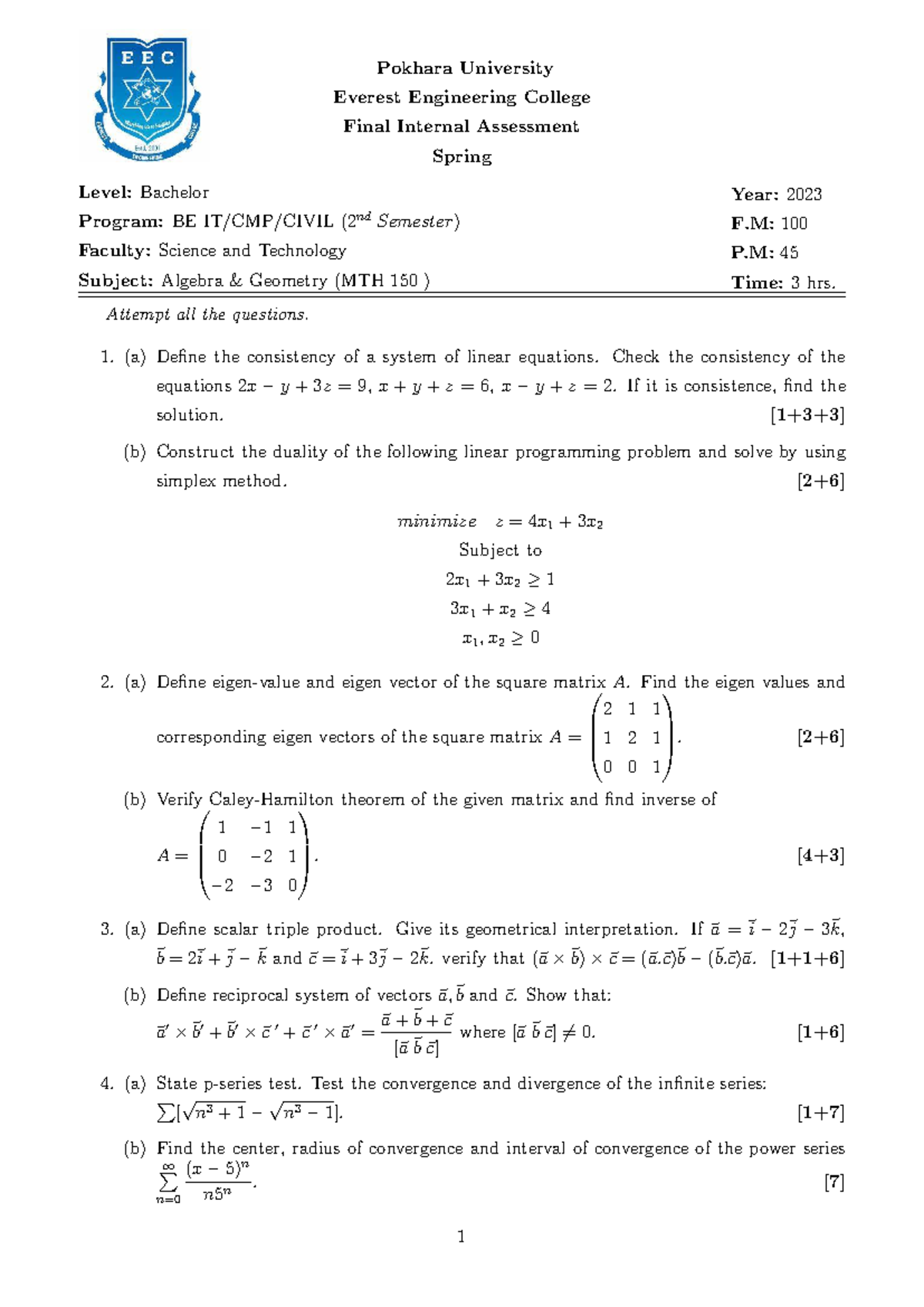 algebra and geometry past question - Pokhara University Everest ...