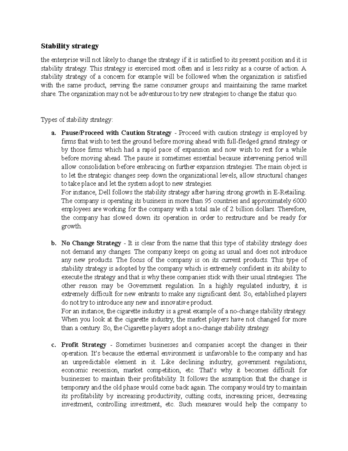 Stability strategy - STRATEGIC MANAGEMENT - Stability strategy the ...