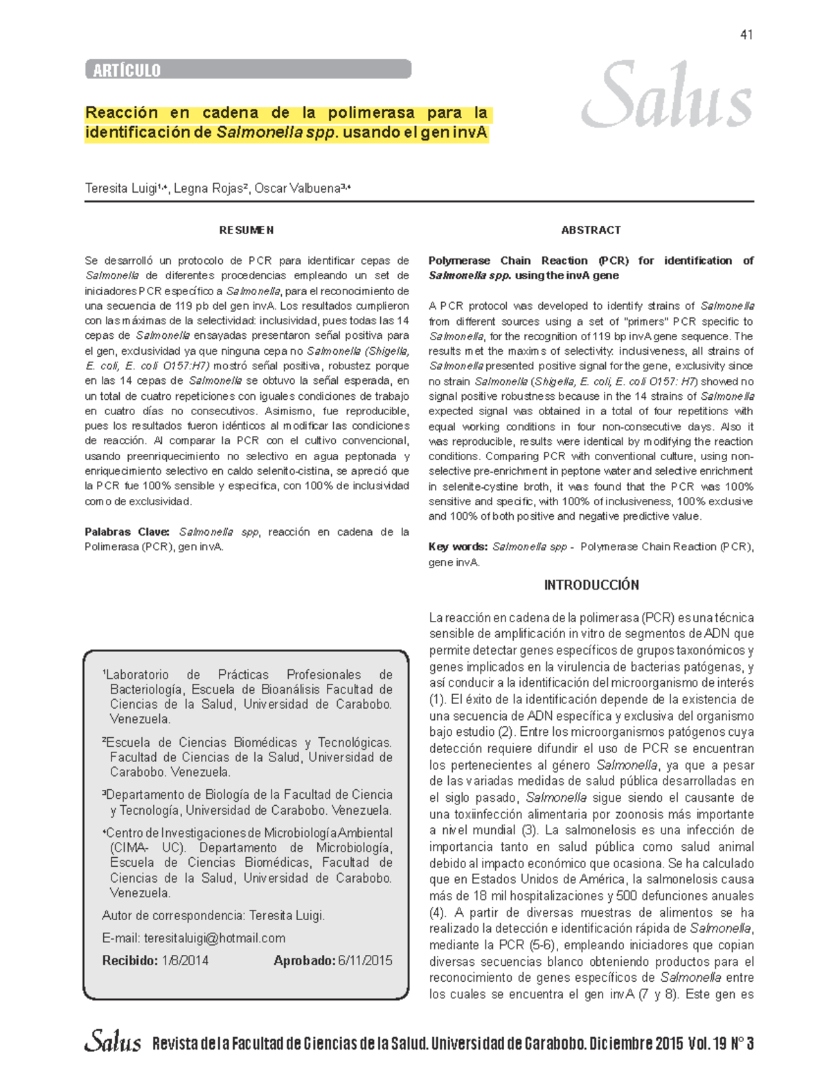 PCR Salmonella - dsfsd - 41 1 Laboratorio de Prácticas Profesionales de ...