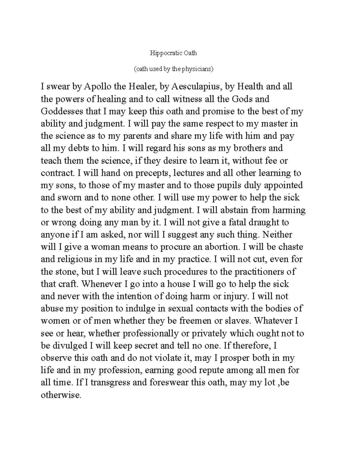 Hippocratic Oath - LENS - Hippocratic Oath (oath used the physicians) I ...