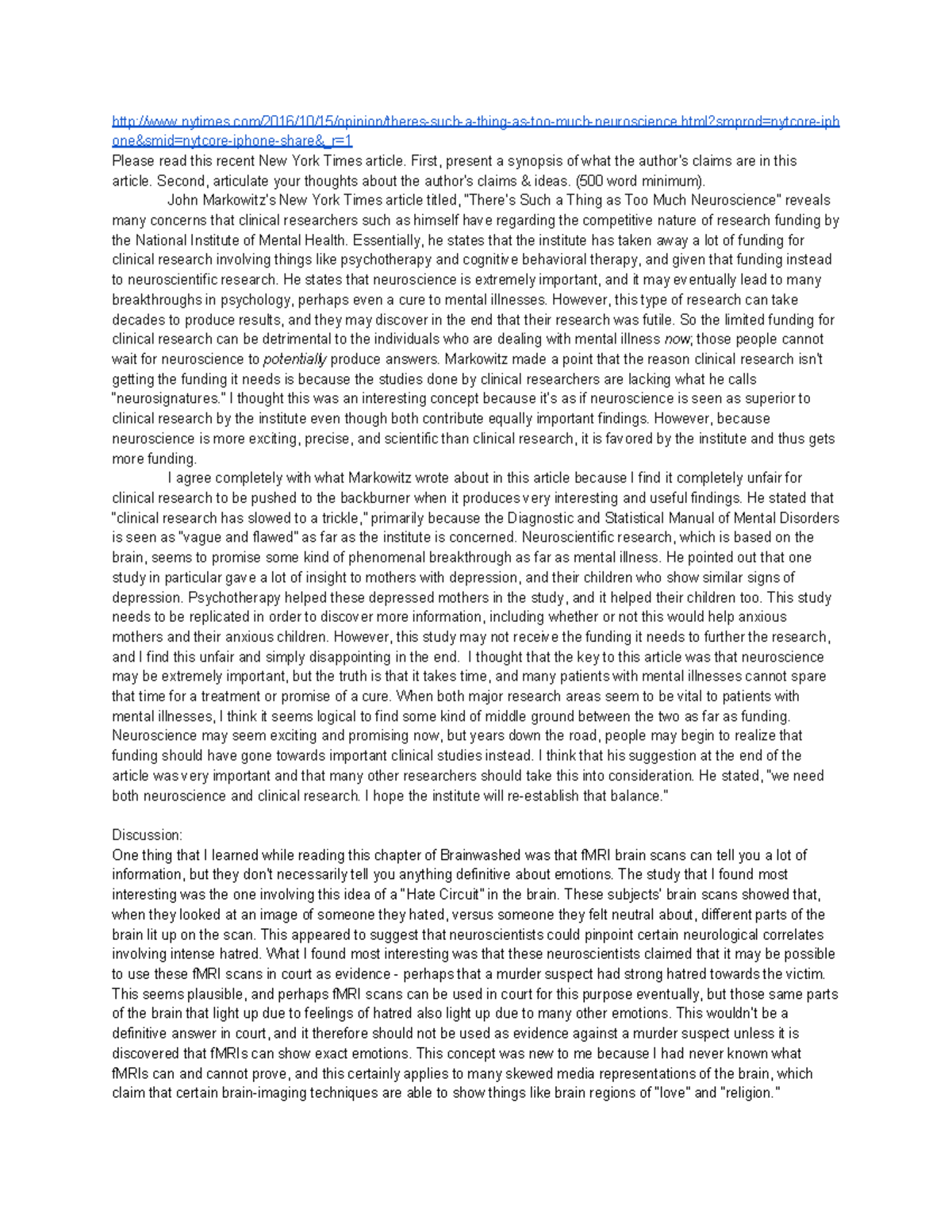 Topic 5 Assignment - John Markowitz Neuroscience - - Studocu