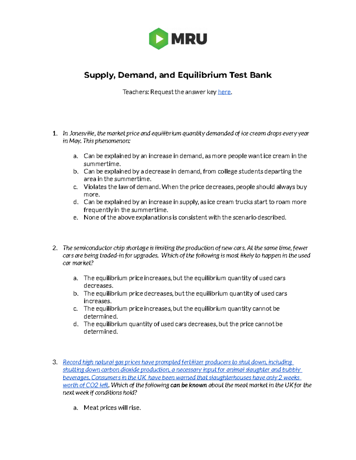 Supply, Demand, and Equilibrium Test Bank - MRU (without answers ...