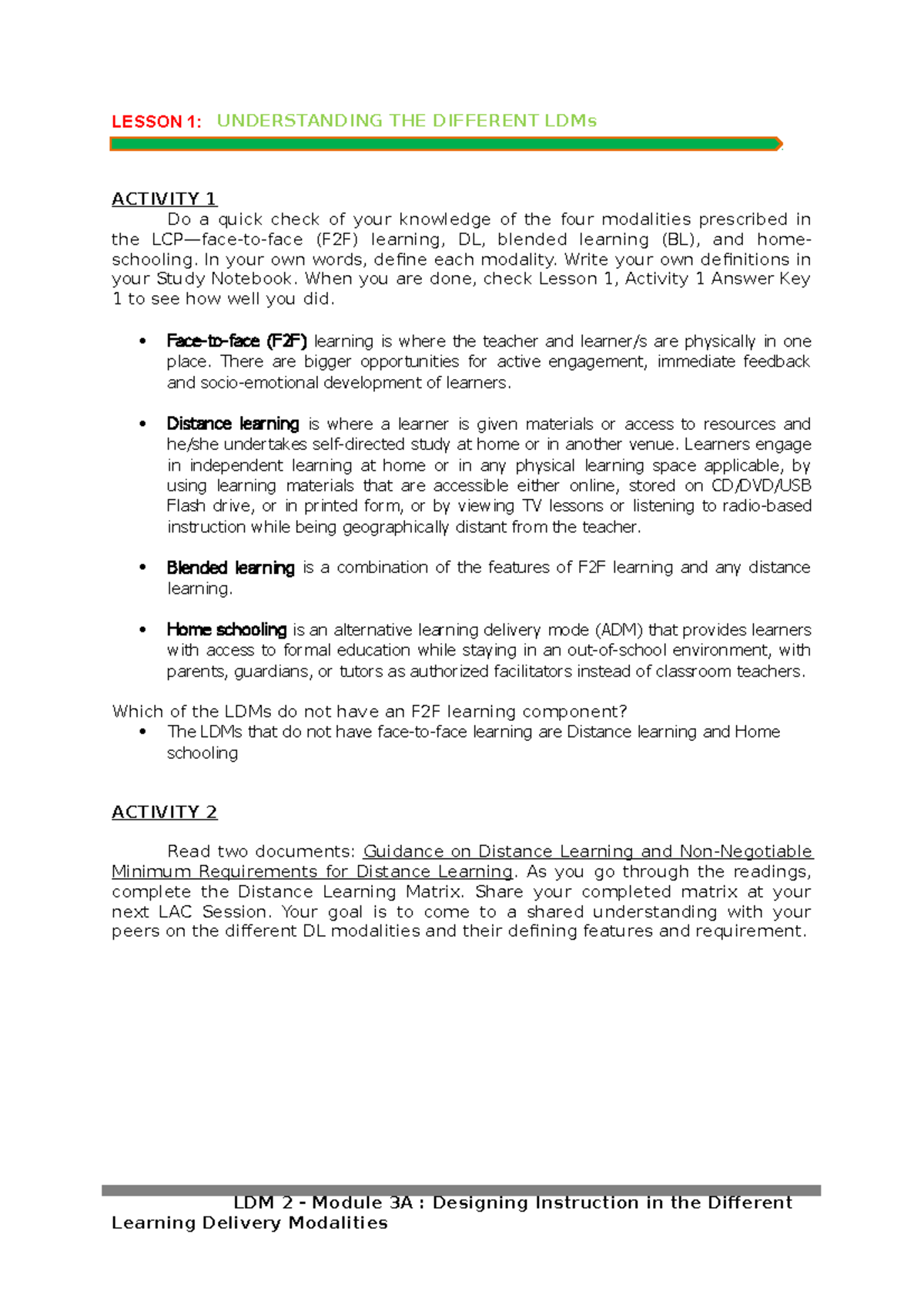 LDM Module 3A final laks - LESSON 1: ACTIVITY 1 Do a quick check of ...