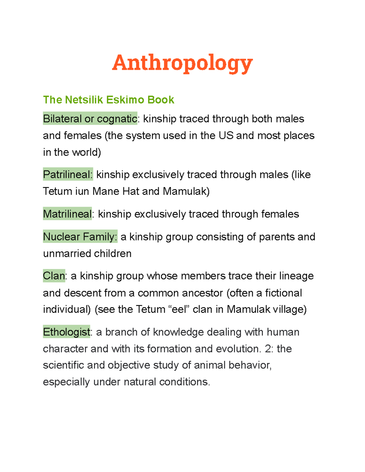 Class Notes - Anthropology The Netsilik Eskimo Book Bilateral or ...