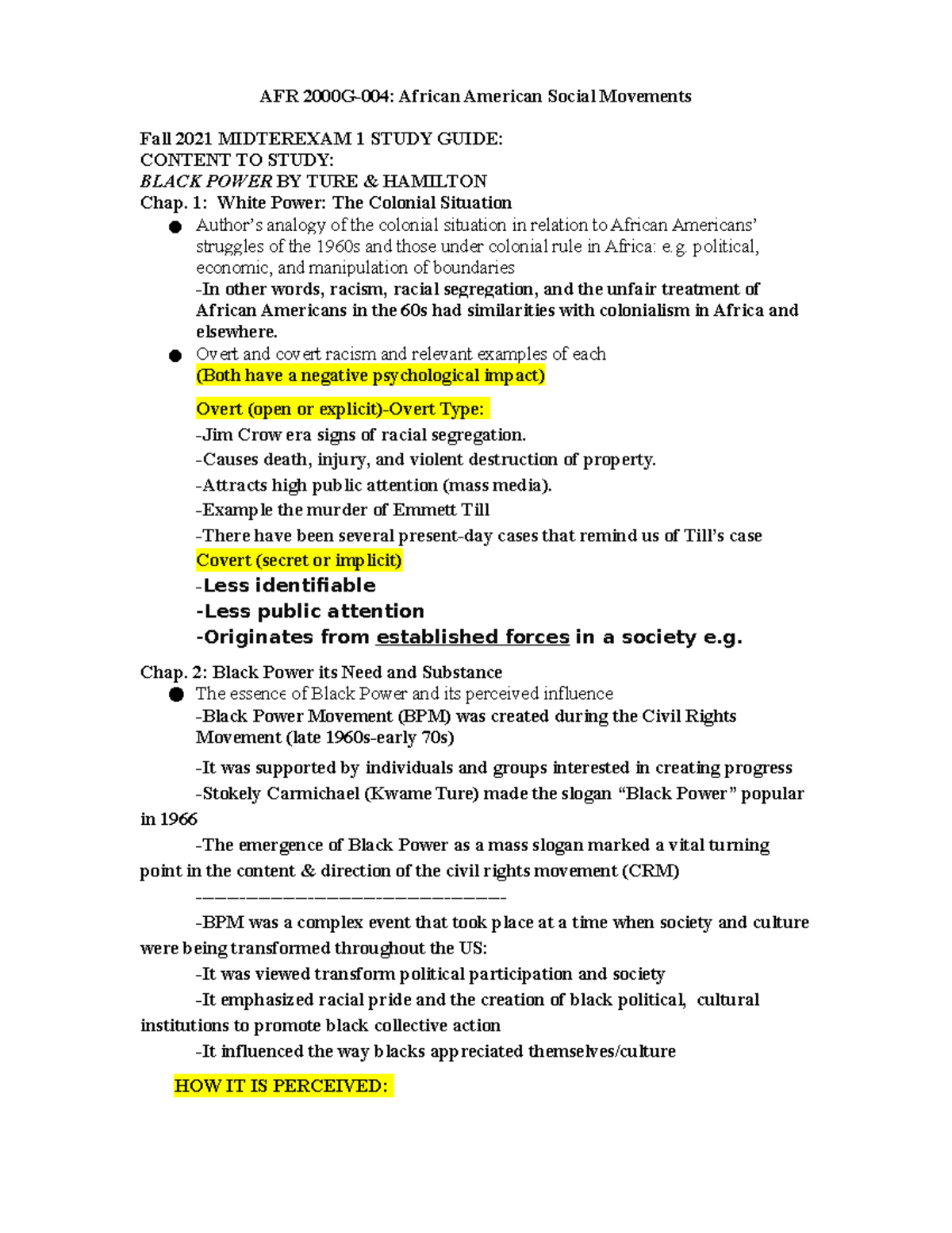 Midterm Study Guide - AFR 2000G-004: African American Social Movements ...