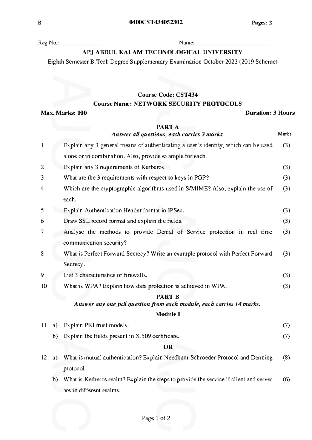 2023 October CST434-B - 0400CST Page 1 of 2 Course Code: CST Course Name: NETWORK SECURITY ...