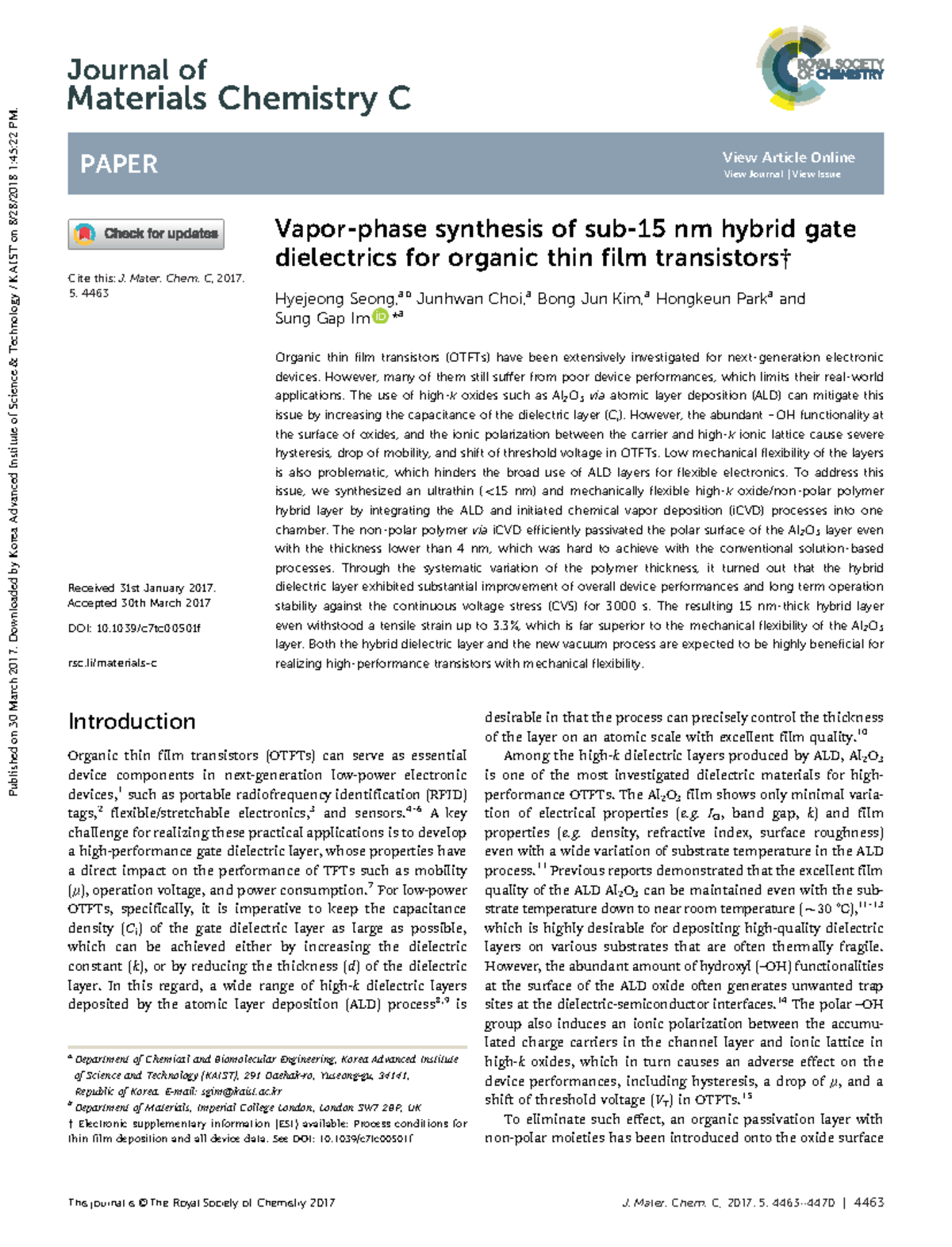Vapor-phase synthesis of sub-15 nm hybrid gate dielectrics for organic ...