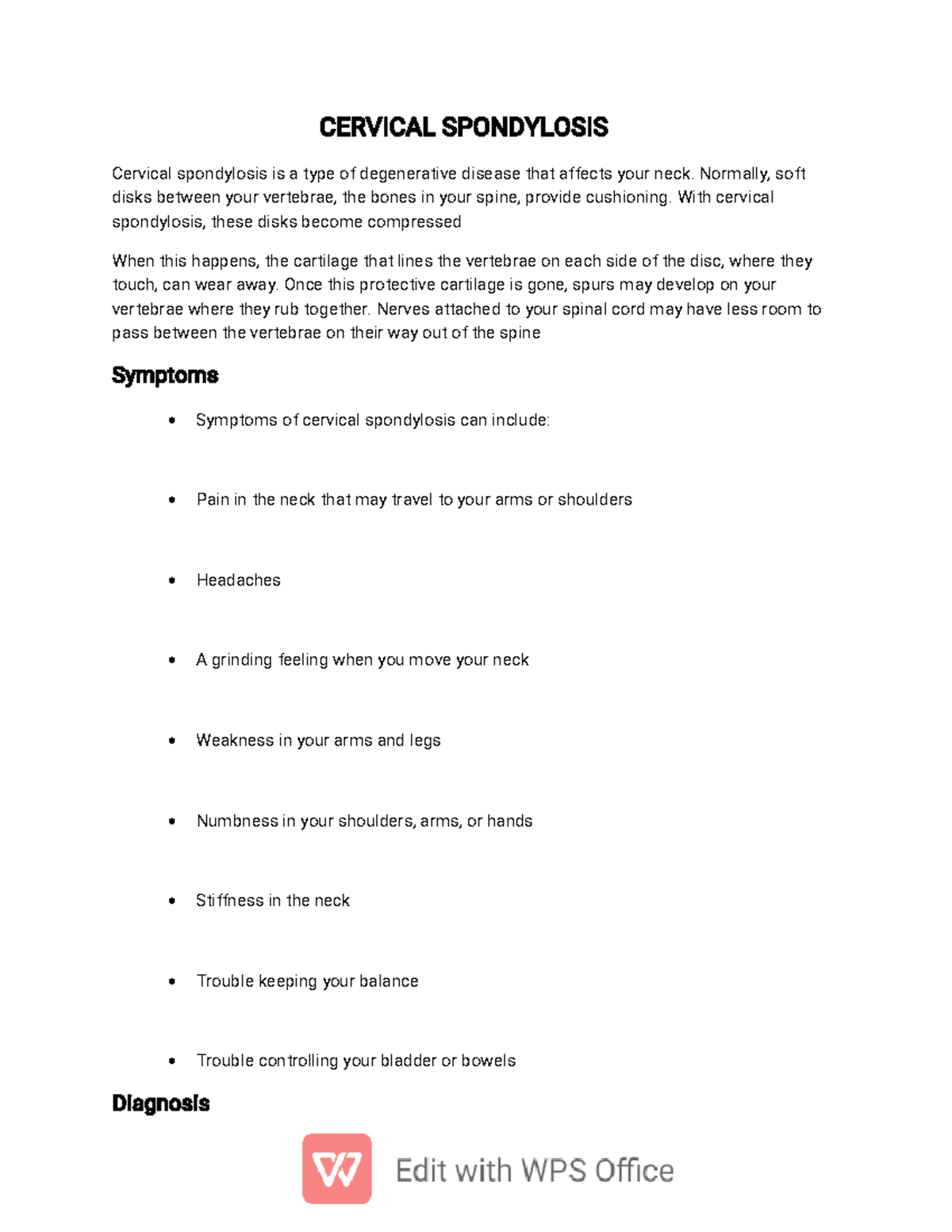 Cervical Spondy-WPS Office - CERVICAL SPONDYLOSIS Cervical spondylosis ...