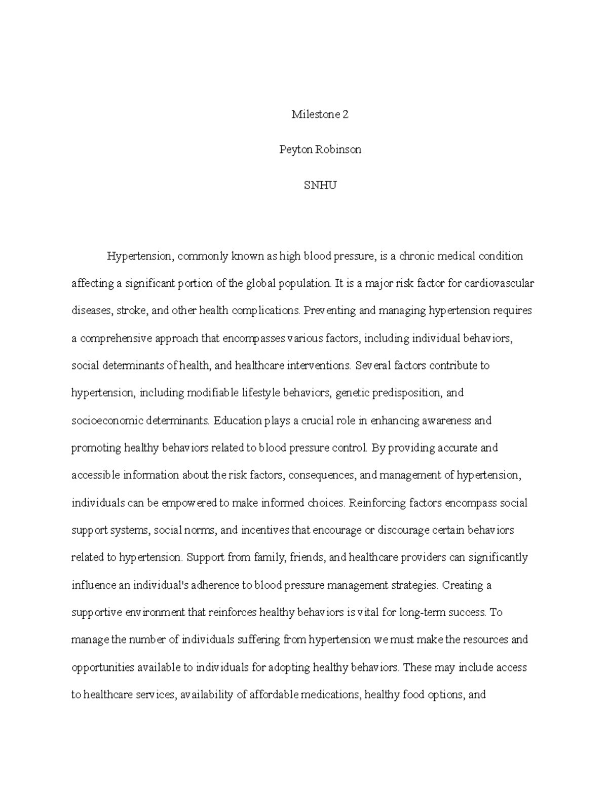 PHE 330 Milestone Two - Milestone 2 Peyton Robinson SNHU Hypertension ...