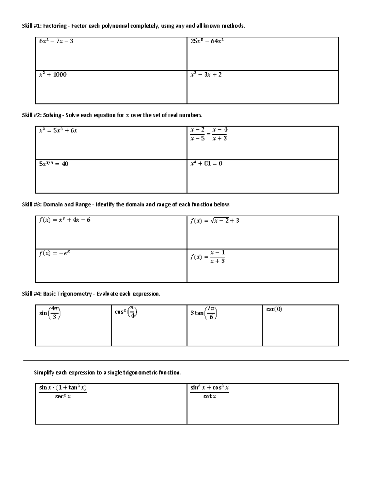 AB+Math+Summer+Review - Skill #1: Factoring - Factor each polynomial ...
