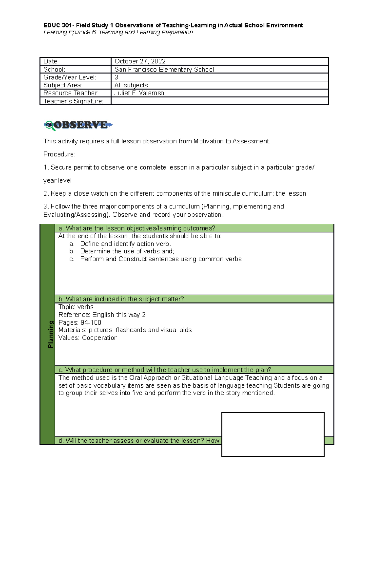 FS1 LE 6 act1 - Field study 1 - Learning Episode 6: Teaching and ...
