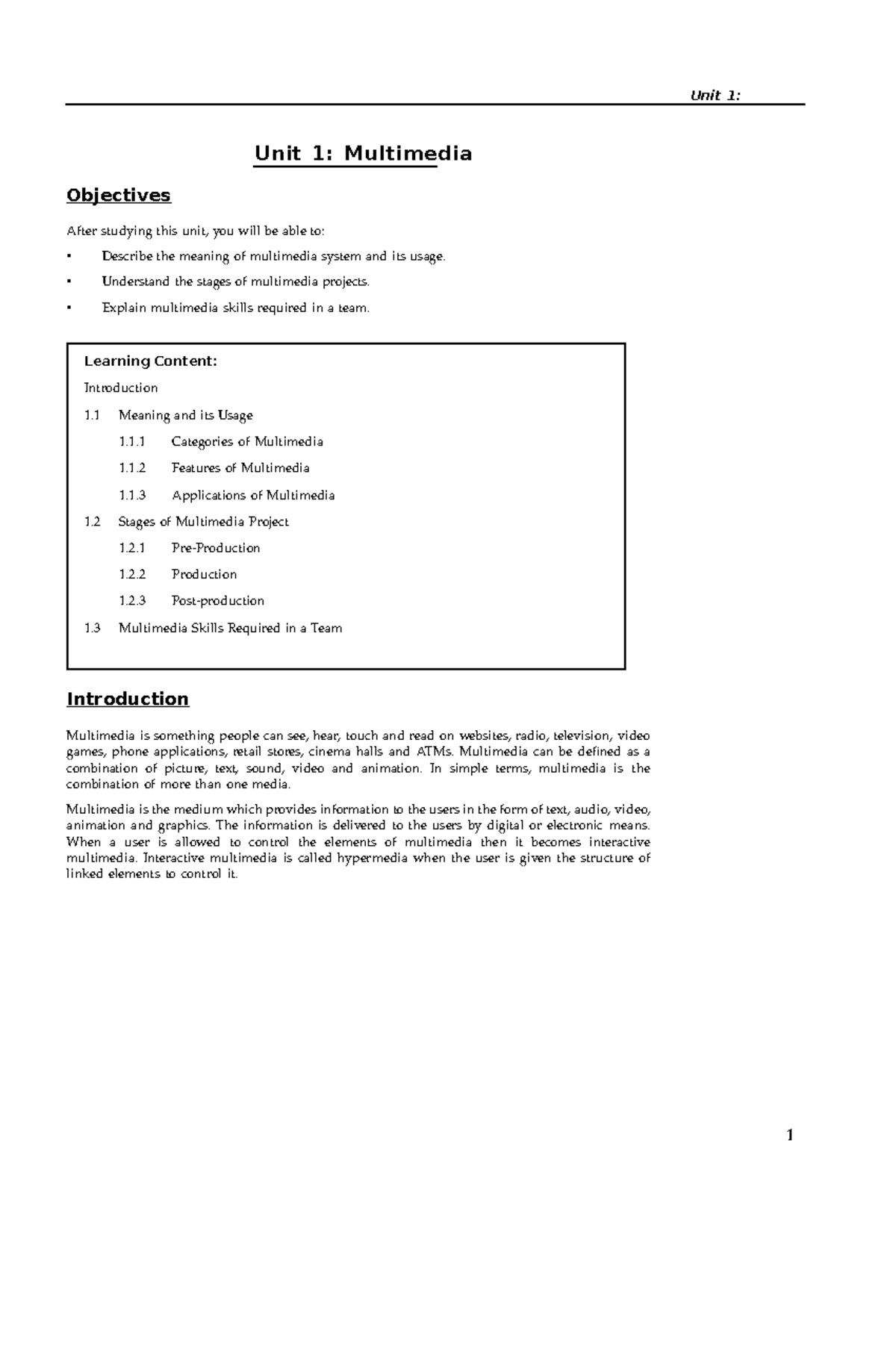 Unit 1 - Lecture notes 1 - Unit 1: Multimedia Objectives After studying ...