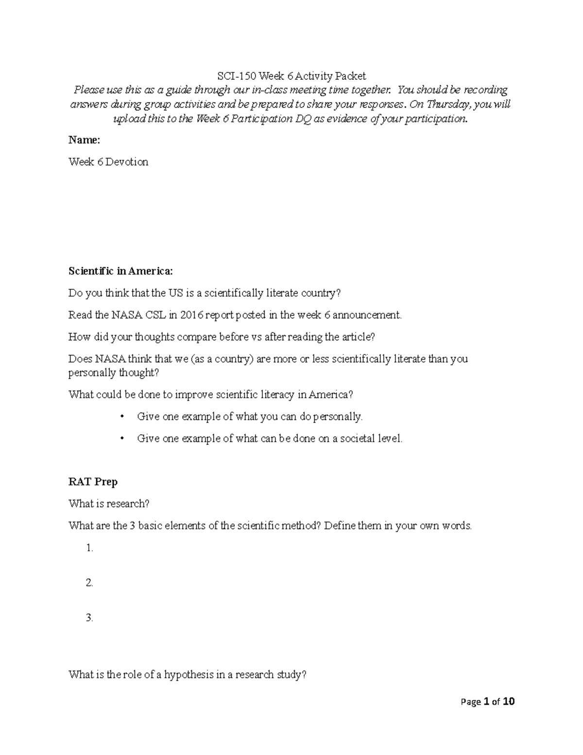 W6 Student Activity Packet - SCI-150 Week 6 Activity Packet Please use ...