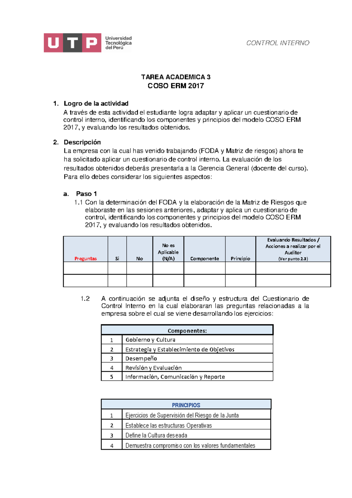 CI-Consigna de la Ta3 - De nada - CONTROL INTERNO TAREA ACADEMICA 3 COSO ERM 2017 Logro de la ...
