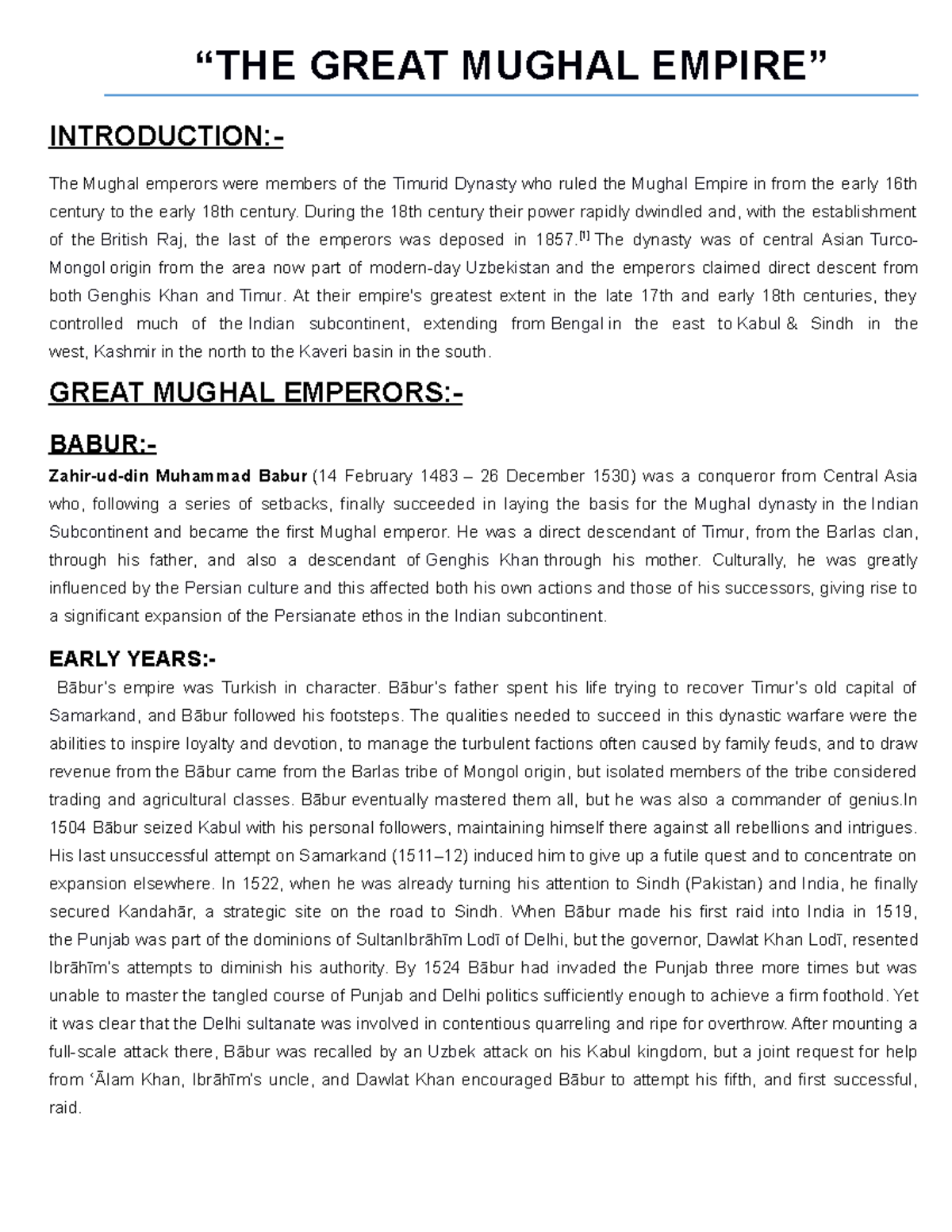 THE Great Mughal Empire - “THE GREAT MUGHAL EMPIRE” INTRODUCTION:- The ...