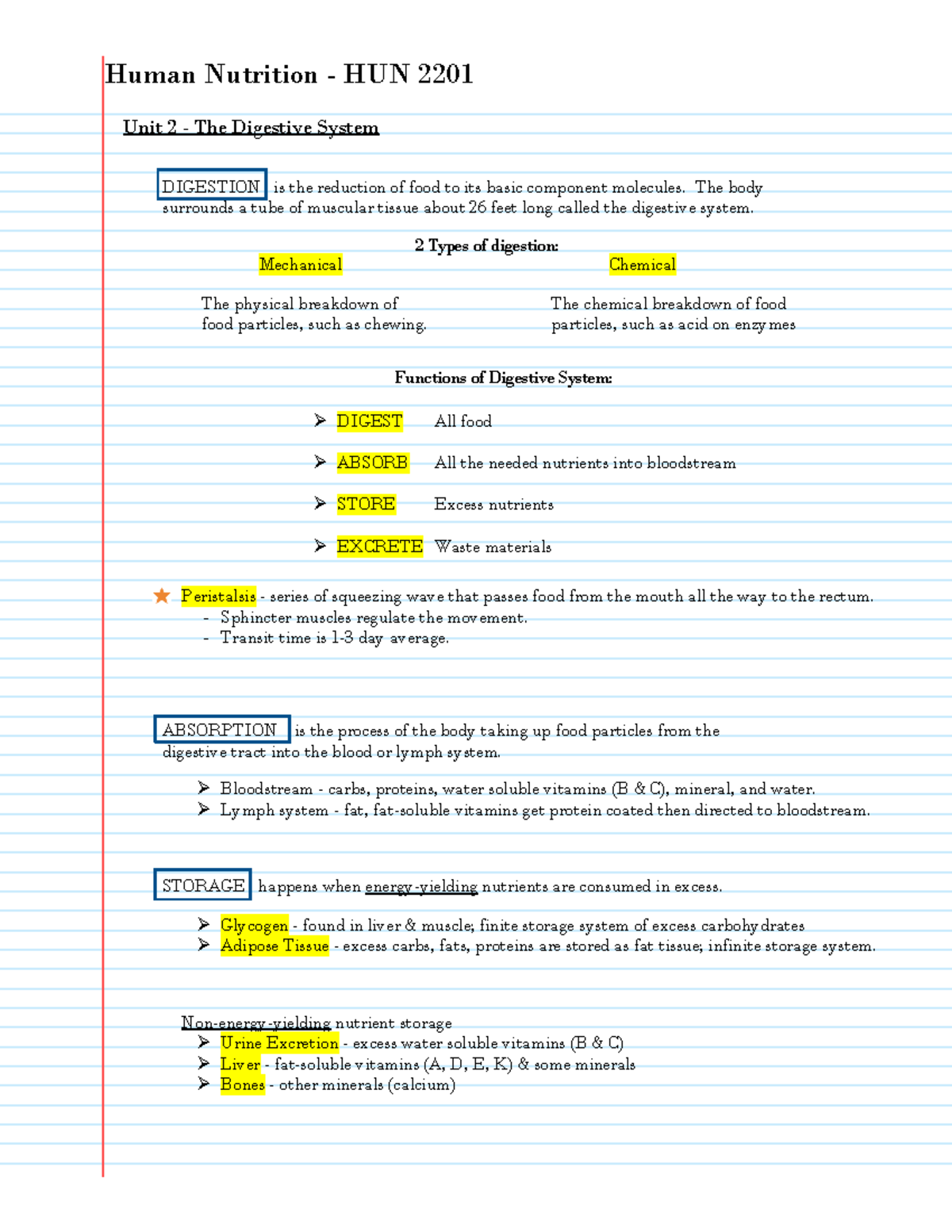 HUN 2201 Digestion - Lecture notes Unit 2 - 8QLW 7KH 'LJHVWLYH 6\VWHP ...
