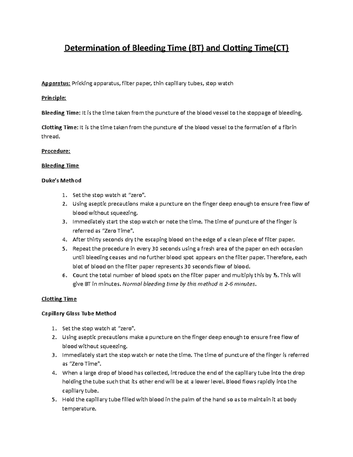 Determination of Bleeding Time and Clotting Time - Determination of ...