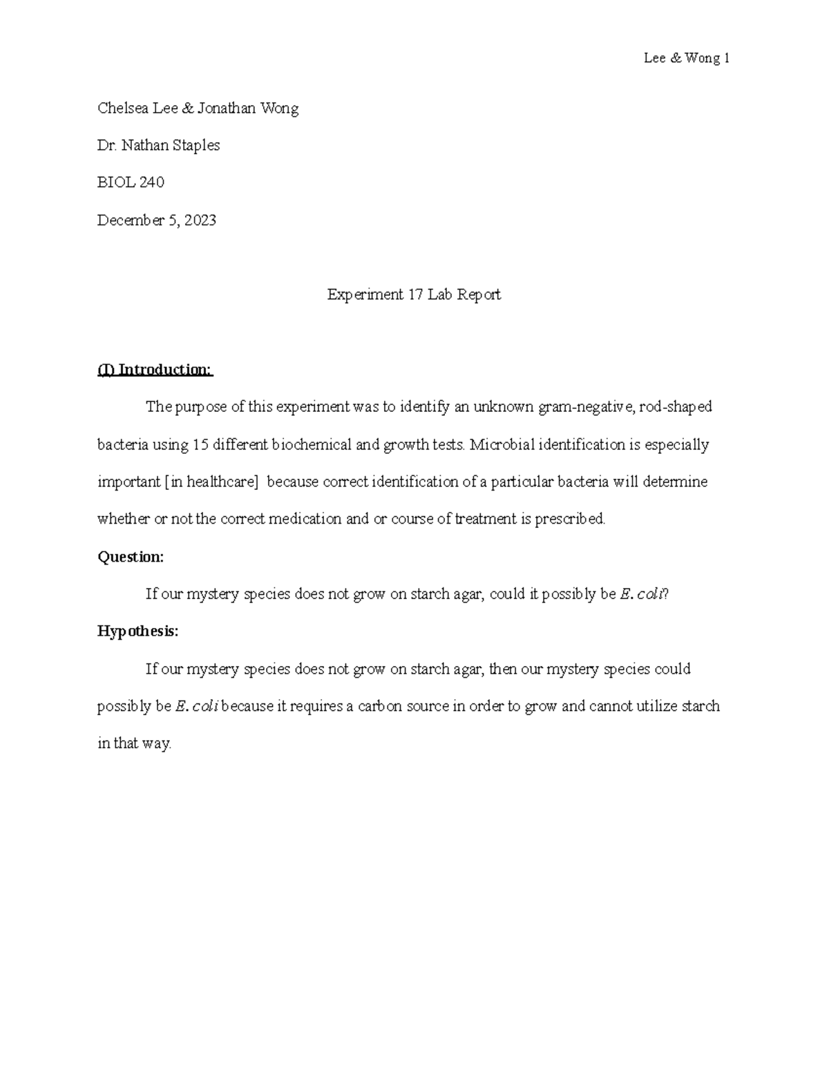 Experiment 17 Lab Report - Chelsea Lee & Jonathan Wong Dr. Nathan Staples BIOL 240 December 5 ...