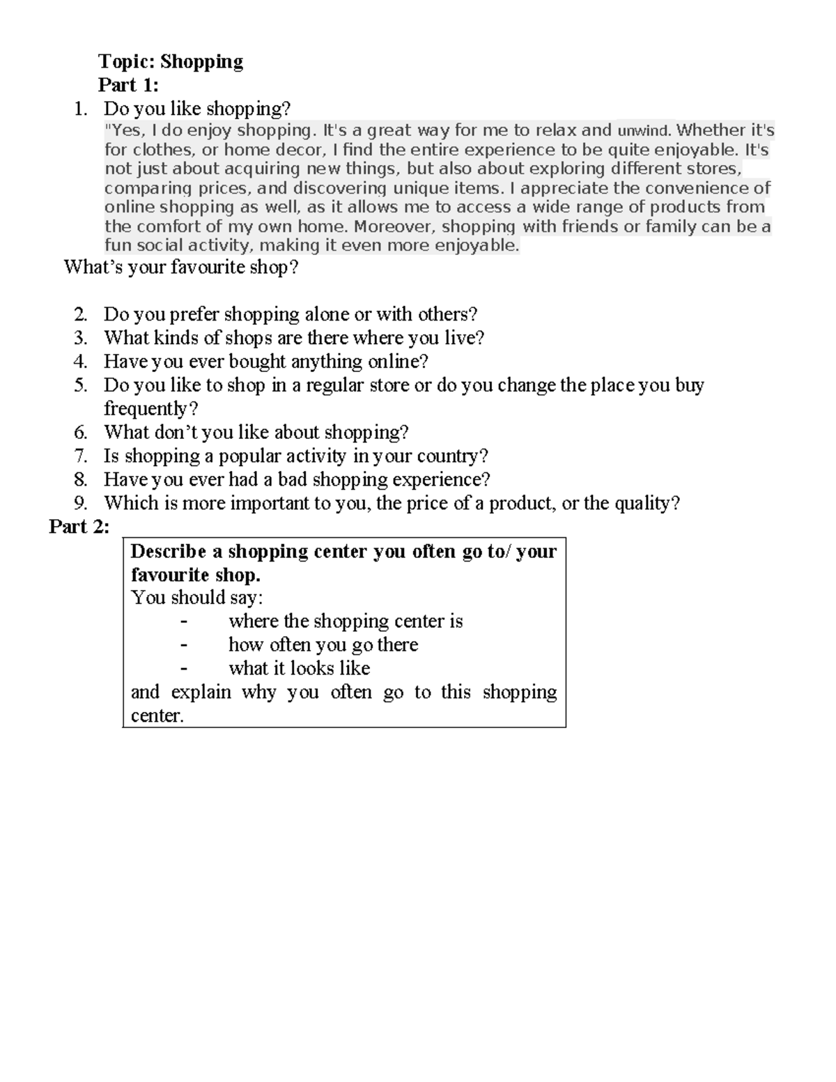 Speaking-Towns-Shopping - Topic: Shopping Part 1: 1. Do you like ...