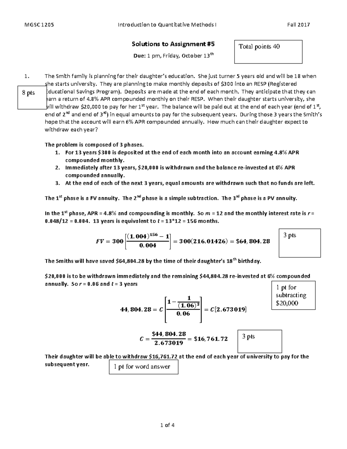 Assignment 5 Solutions MGSC1205 fall 2017 - MGSC 1205 Introduction to Quantitative Methods I ...