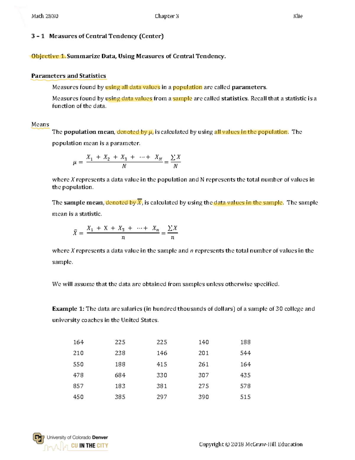 Chapter 3 notes - Professor Daniel Klie - 3 – 1 Measures of Central ...