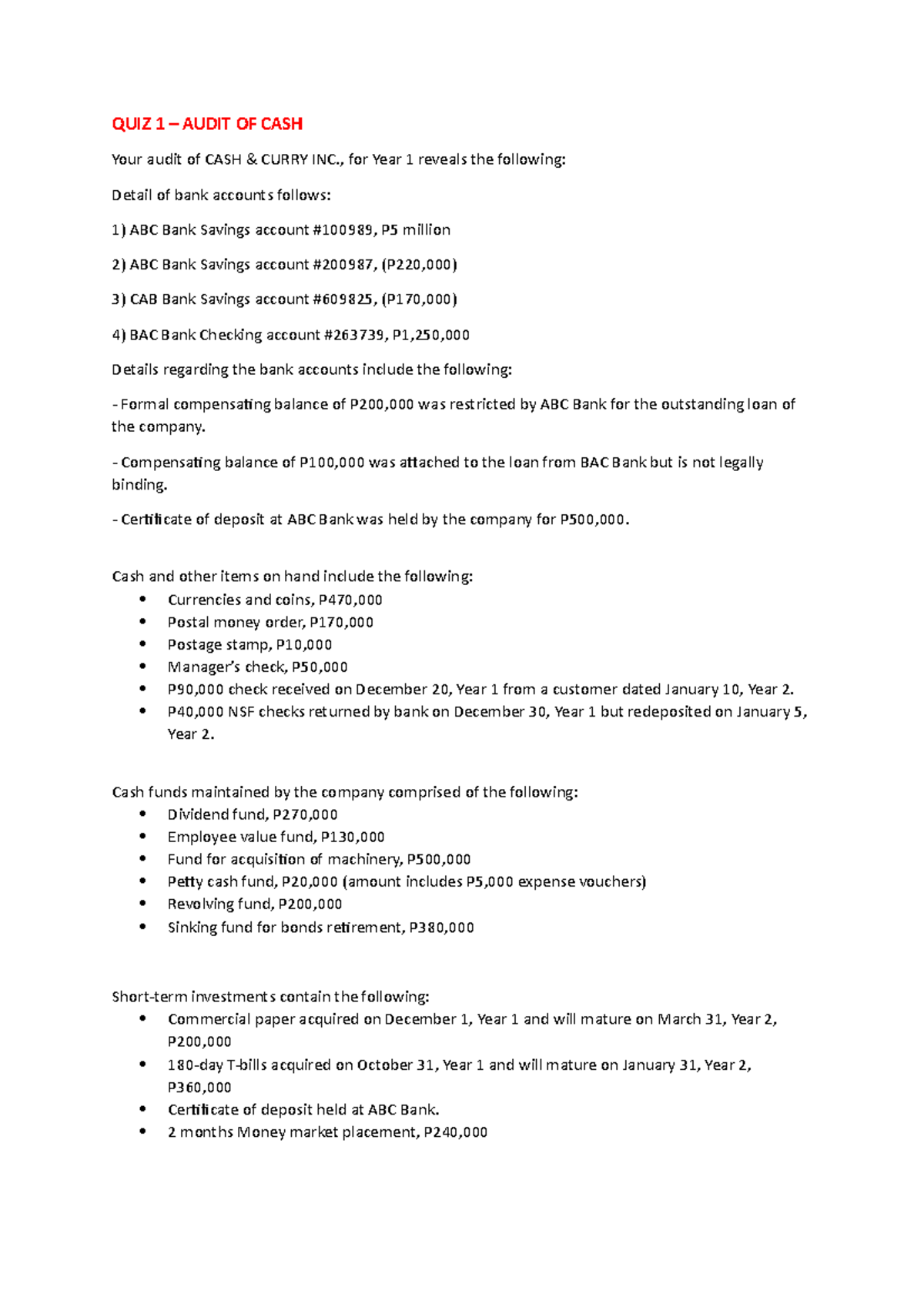 Audit of Cash - QUIZ 1 – AUDIT OF CASH Your audit of CASH & CURRY INC ...