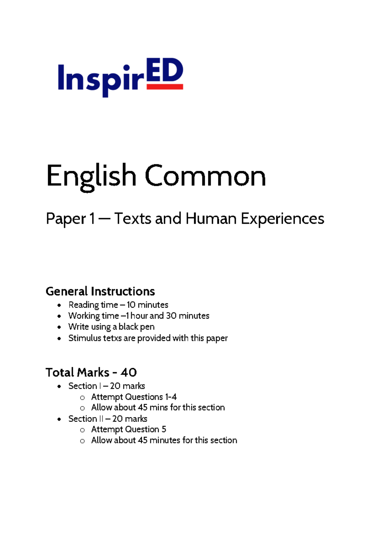 2019 ENG Inspir ED English Common Paper 1 Trial - English Common Paper ...