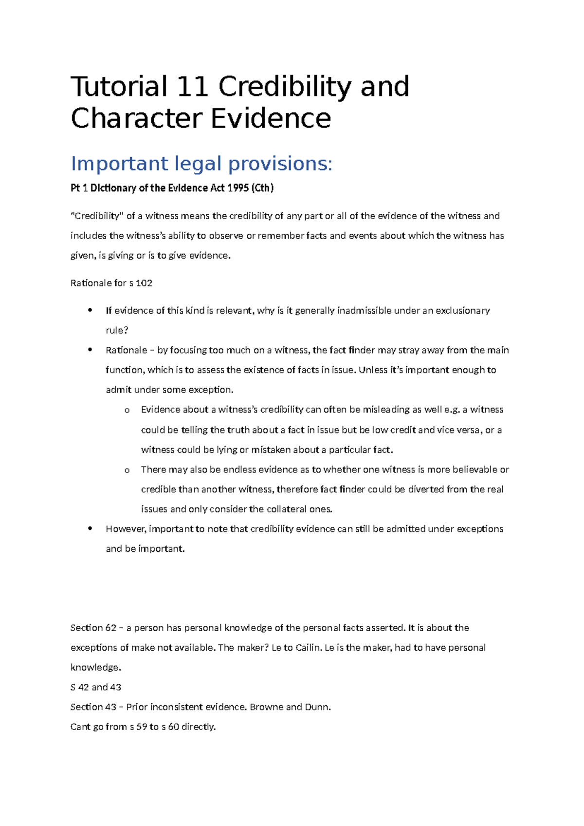 Tutorial 11 Credibility and Character Evidence - Tutorial 11 ...