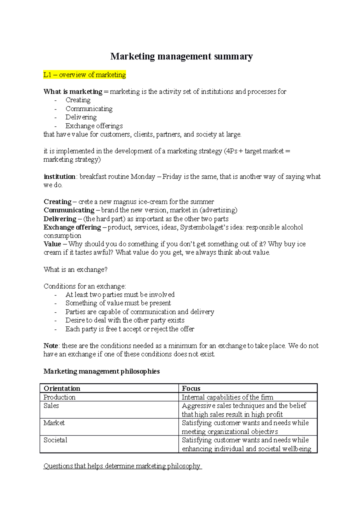 Marketing management summary - it is implemented in the development of ...