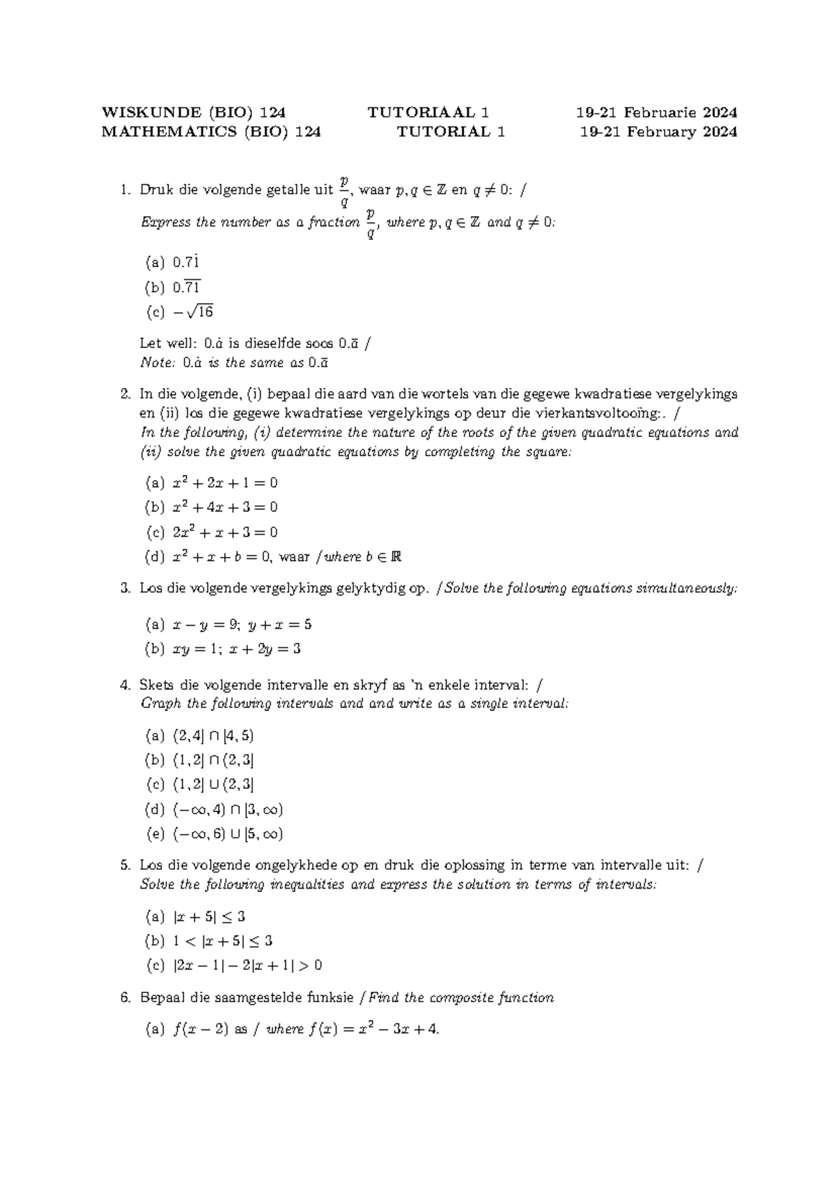 Tut1 - WISKUNDE (BIO) 124 TUTORIAAL 1 19-21 Februarie 2024 MATHEMATICS ...
