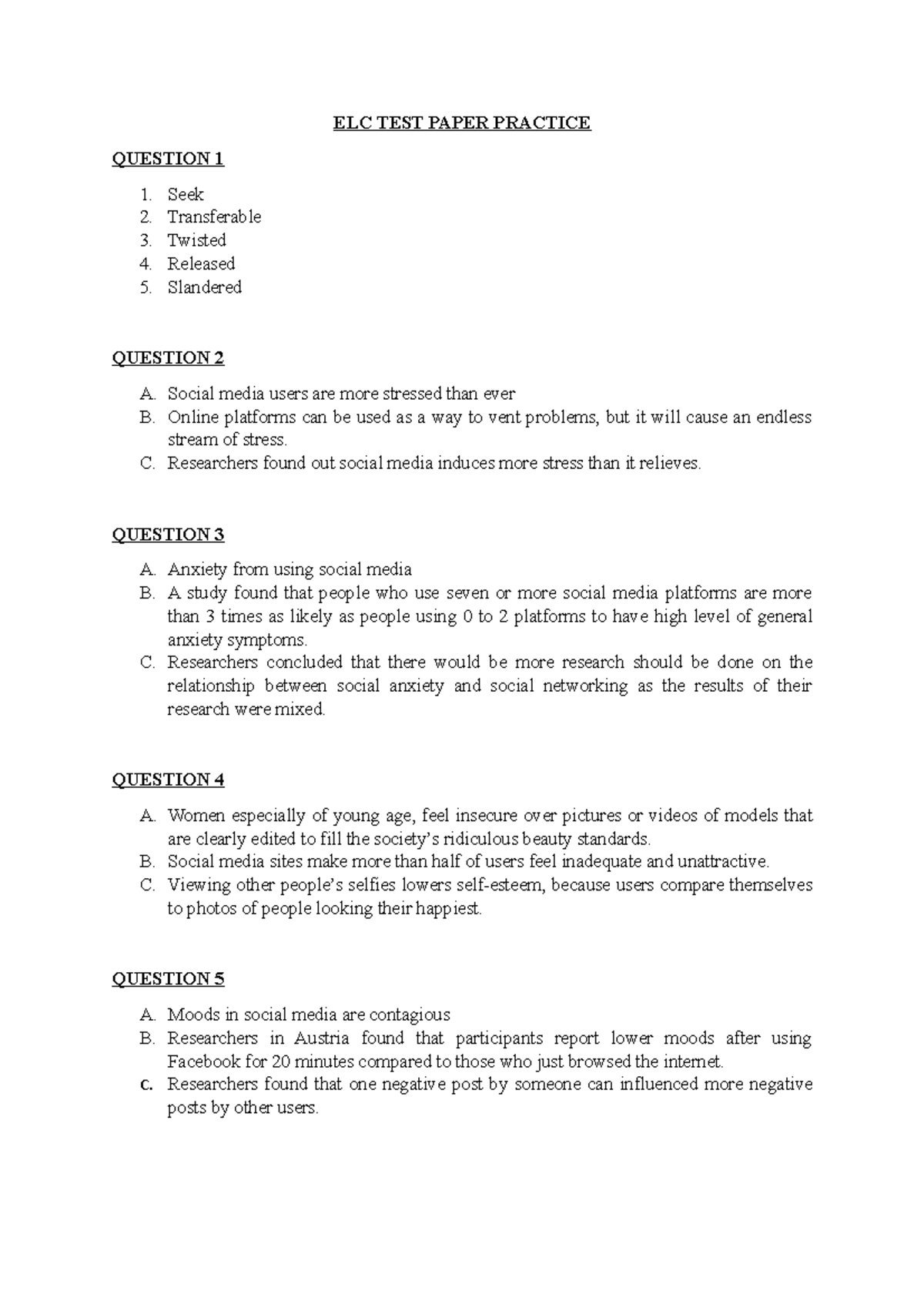 ELC TEST Paper Practice - ELC TEST PAPER PRACTICE QUESTION 1 Seek ...