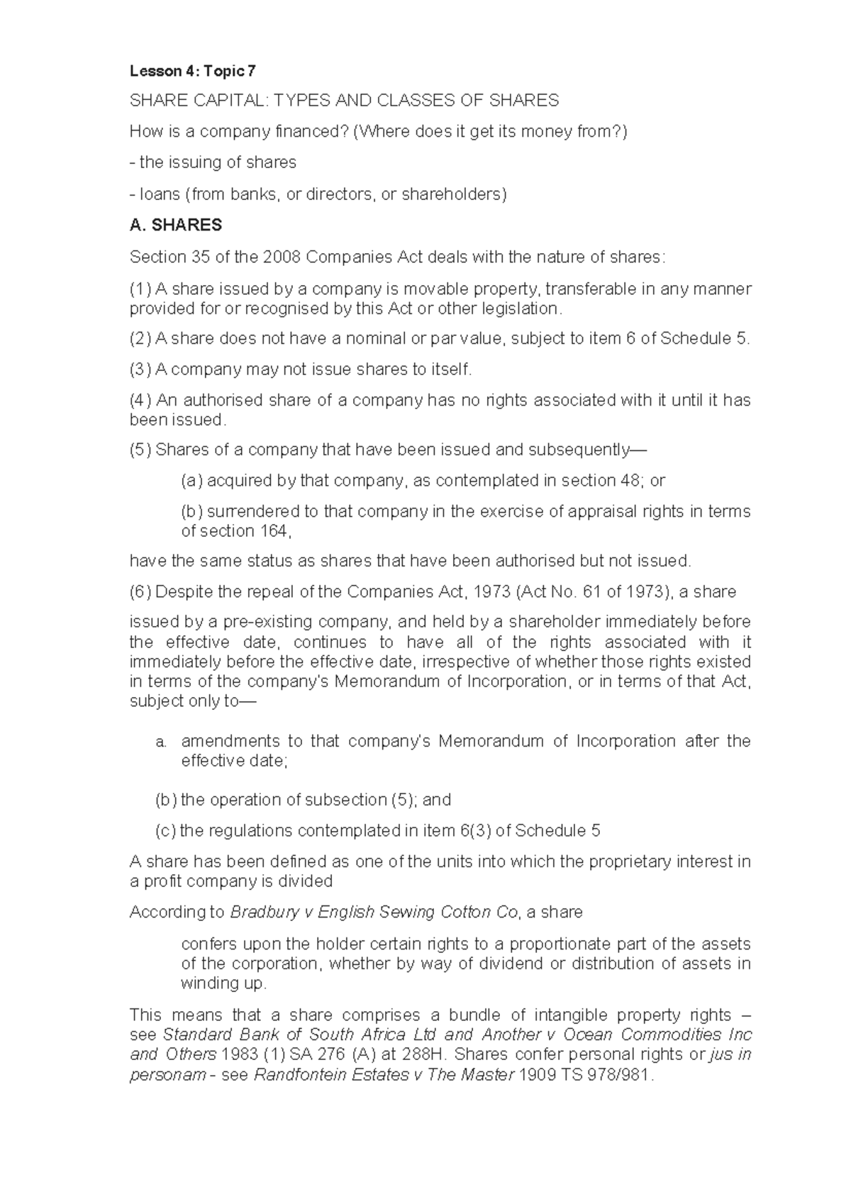 Topic 7 shares - Lesson 4: Topic 7 SHARE CAPITAL: TYPES AND CLASSES OF ...