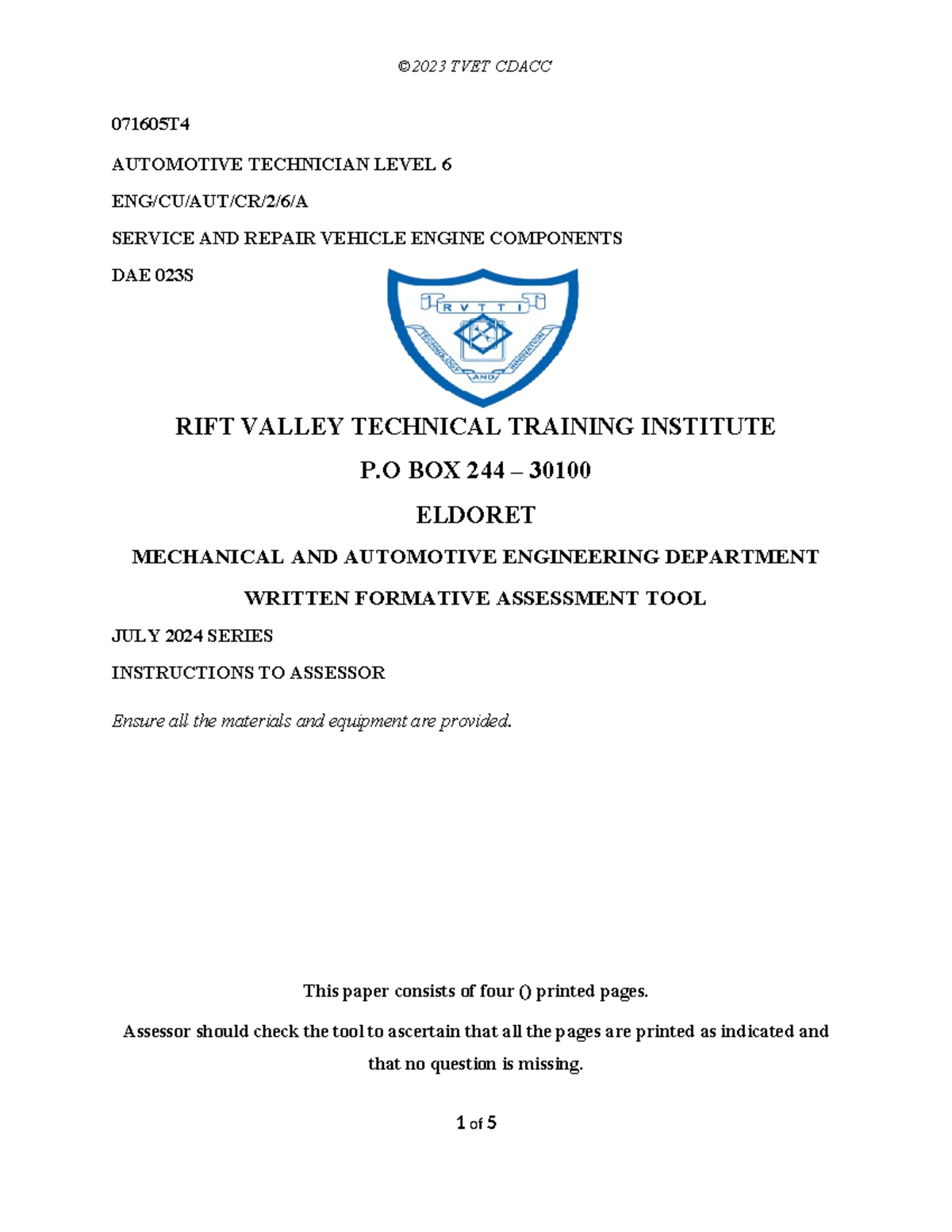 Practical Checklist S&RVEC - 071605T AUTOMOTIVE TECHNICIAN LEVEL 6 ENG ...