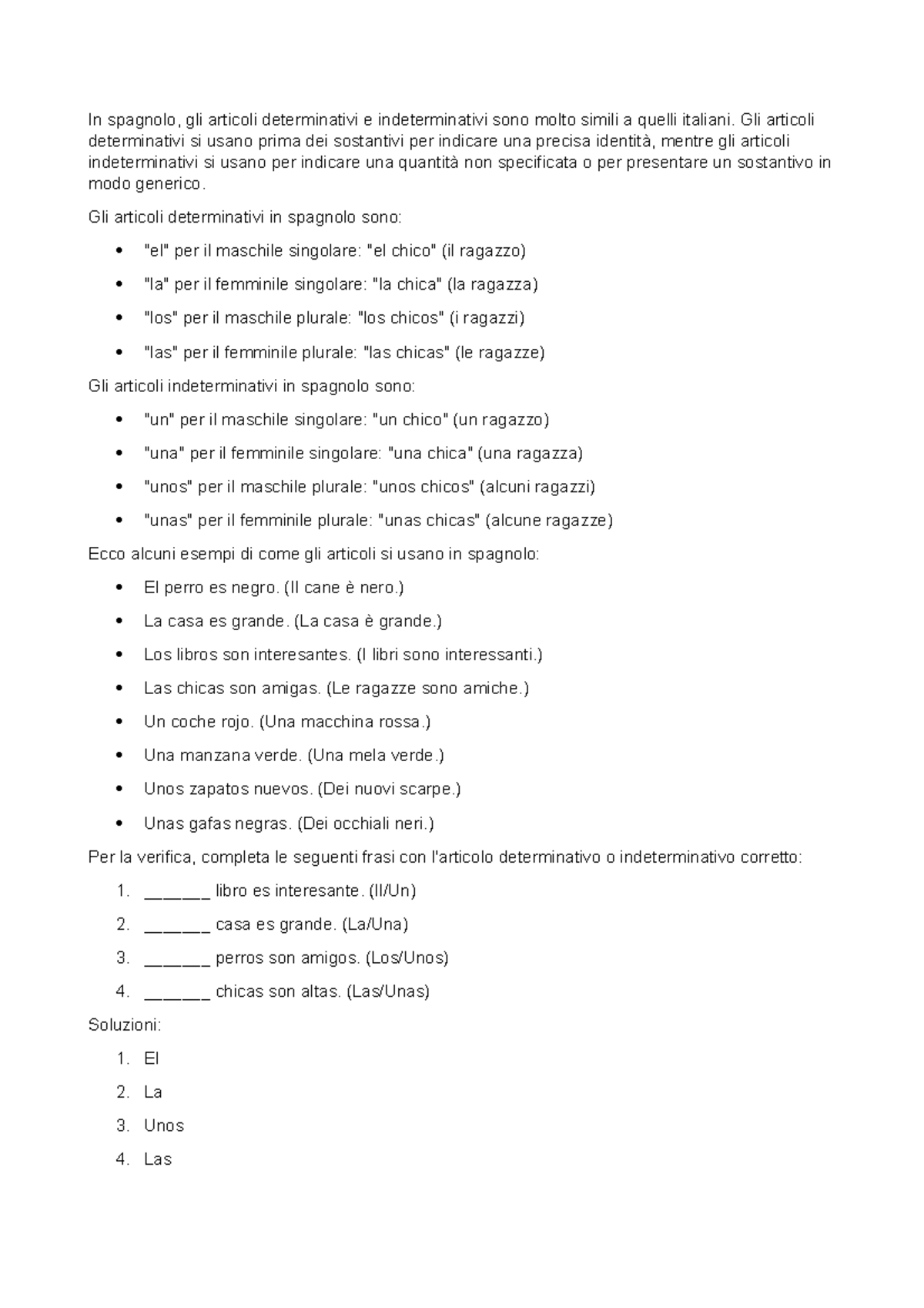 Gli articoli determinativi e indeterminativi con verifica - In spagnolo ...